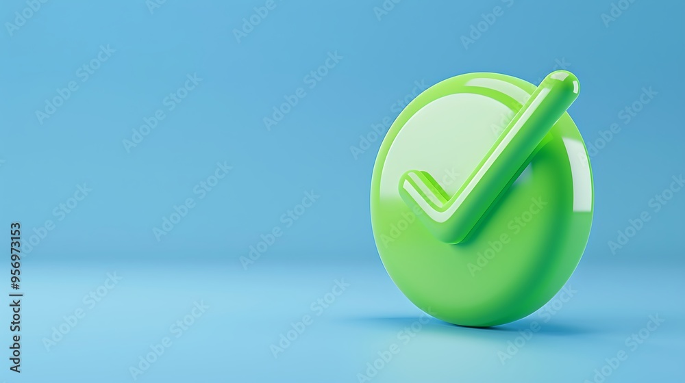 Green checkmark icon on light blue background symbolizing success, approval, or completion of ...