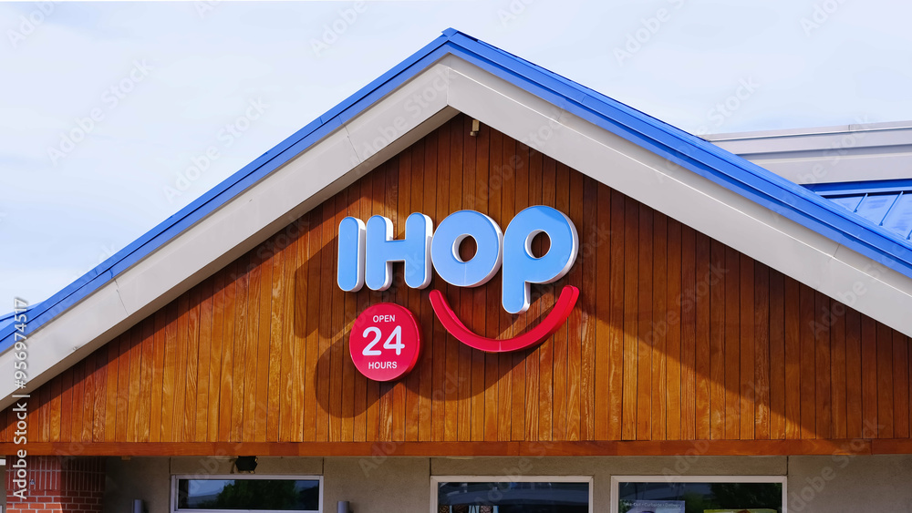 IHOP restaurant entrance roof logo sign. Stock Photo | Adobe Stock