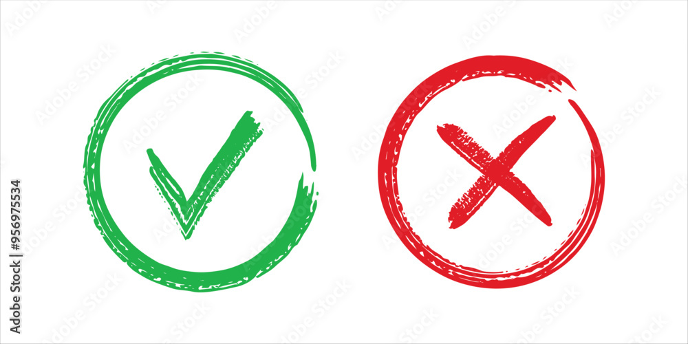 Set of green check mark and red cross icons. Checklist symbol, approval ...