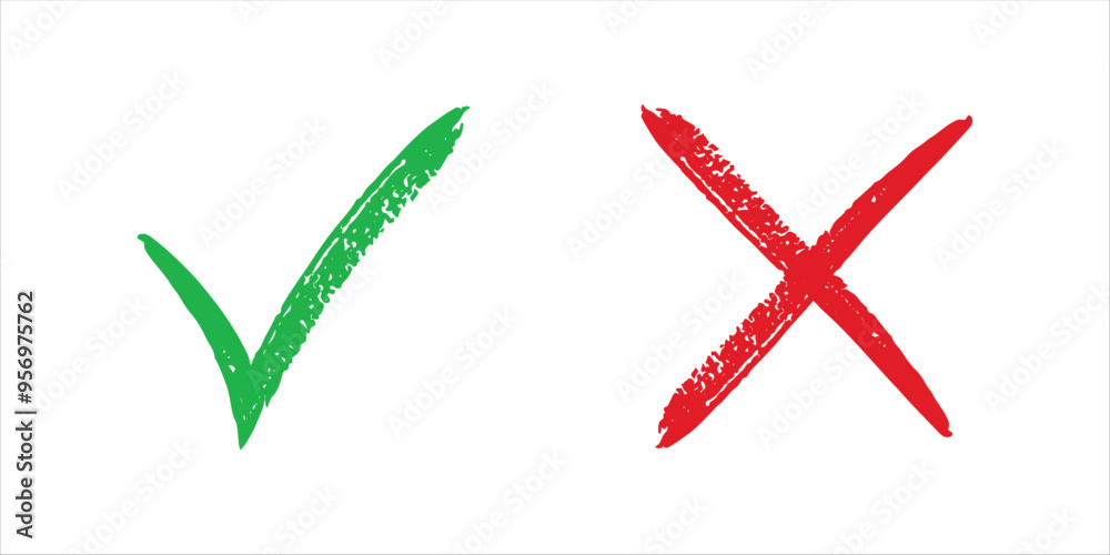 Set of green check mark and red cross icons. Checklist symbol, approval ...