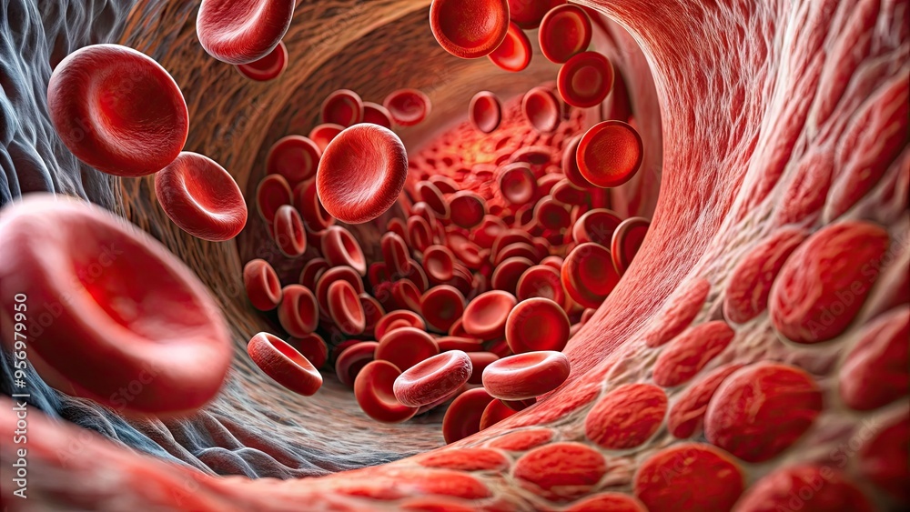 Microscopic view of red blood cells flowing through a blood vessel ...
