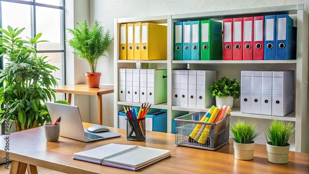 A tidy workspace features a desk with labeled folders, a color-coded ...
