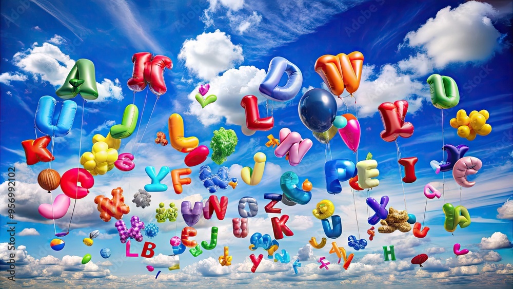 Colorful balloons in various shapes and sizes spell out the entire ...