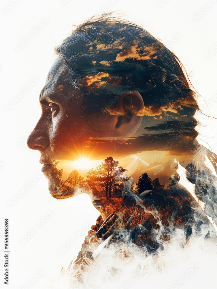 white background, double exposure of a native american shaman, head ...