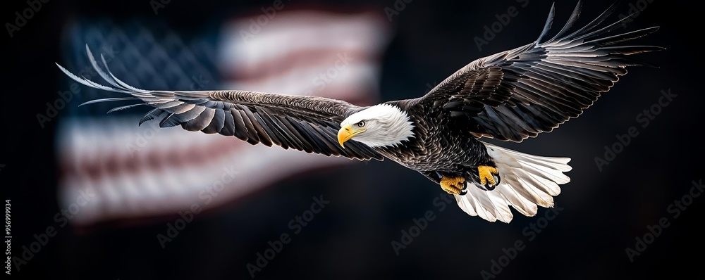 Majestic bald eagle soaring with wings spread, American flag waving in ...