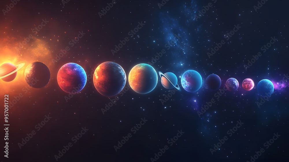 Planetary Alignment: The planets of the solar system aligned in a straight line, each one ...