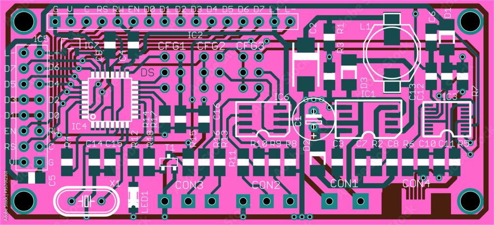 Vector printed circuit board of electronic device with components of ...