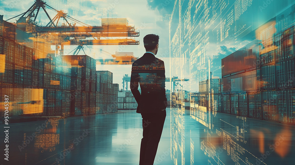 Double exposure Businessman implements automated customs clearance to ...