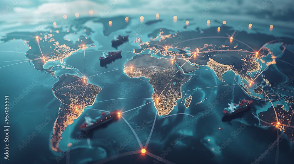 Global Logistics Network: A world map with interconnected lines ,blue ...