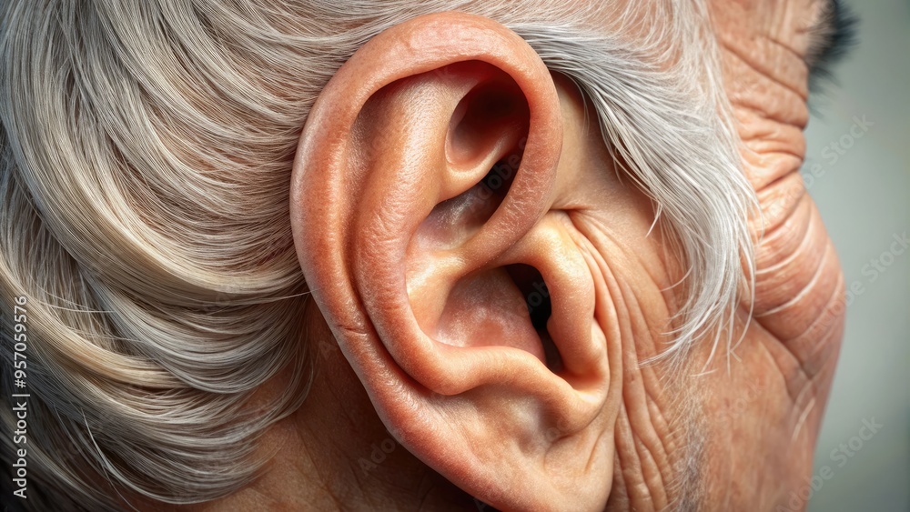 Macro view of the outer ear, showcasing the intricate anatomy of the ...