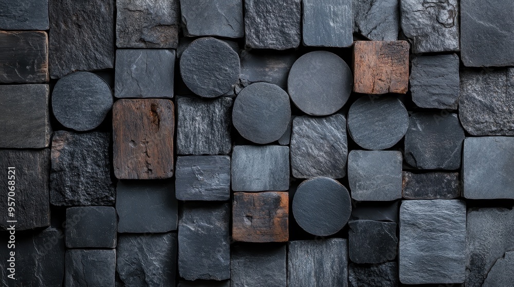 A display of various dark stone tiles, exhibiting different textures ...