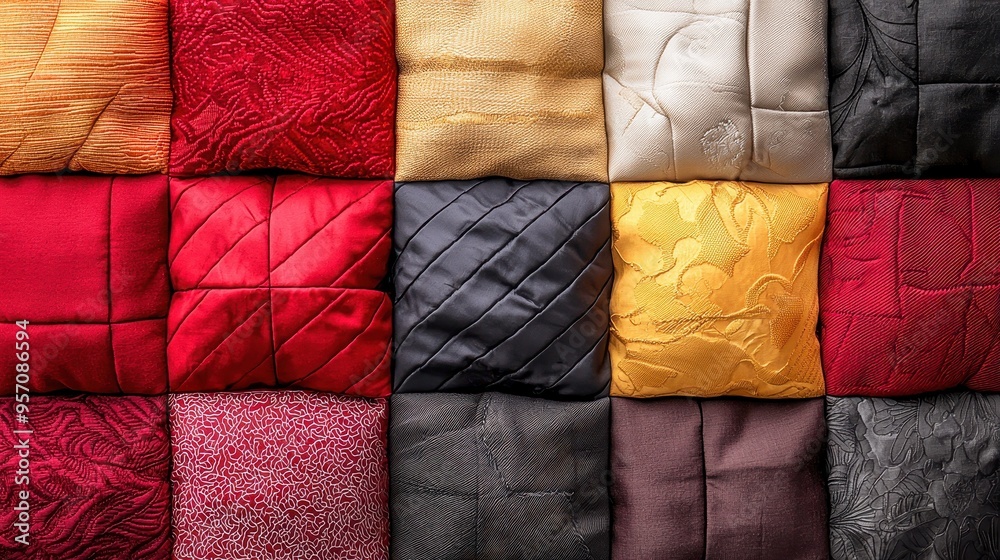 A vibrant collection of quilted fabric squares in various colors ...