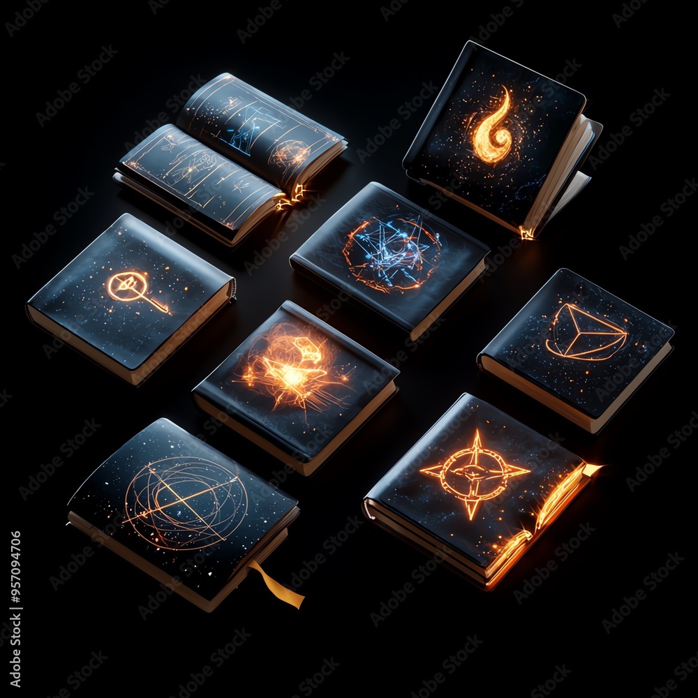 Collection of mystical books featuring glowing symbols and designs on ...