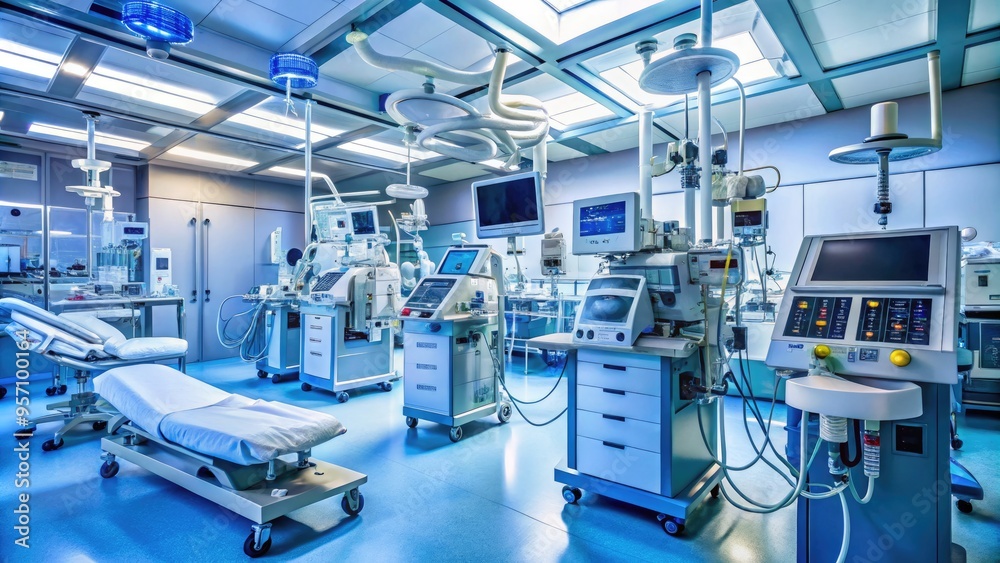 State-of-the-art hospital equipment featuring a ventilator, cardiac ...