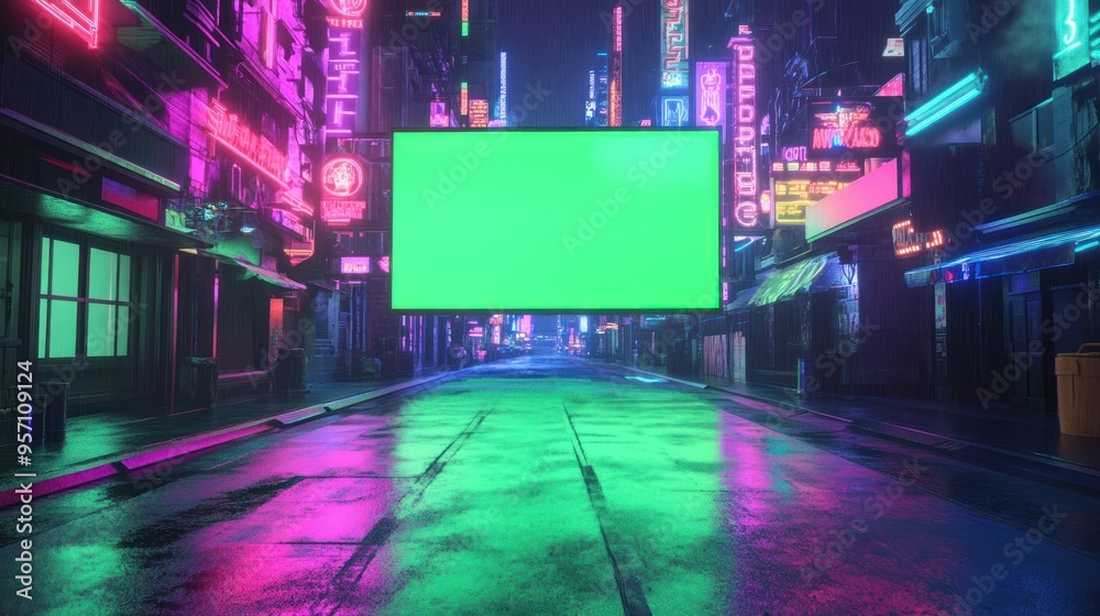Big green screen billboard on cyberpunk neon night city street mockup ...