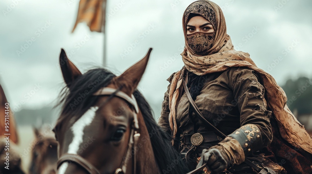 Beautiful Muslim woman soldier army warrior and veiled on horseback ...
