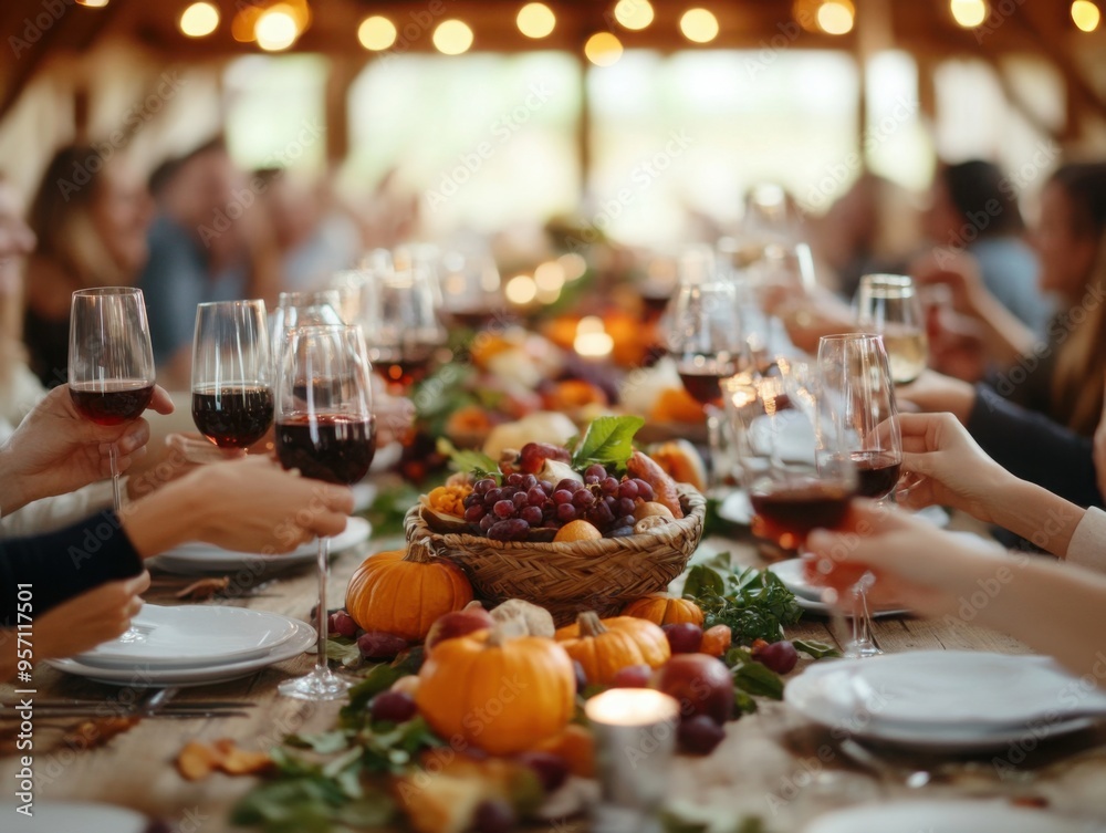A long Thanksgiving table in a rustic barn, with a cornucopia ...