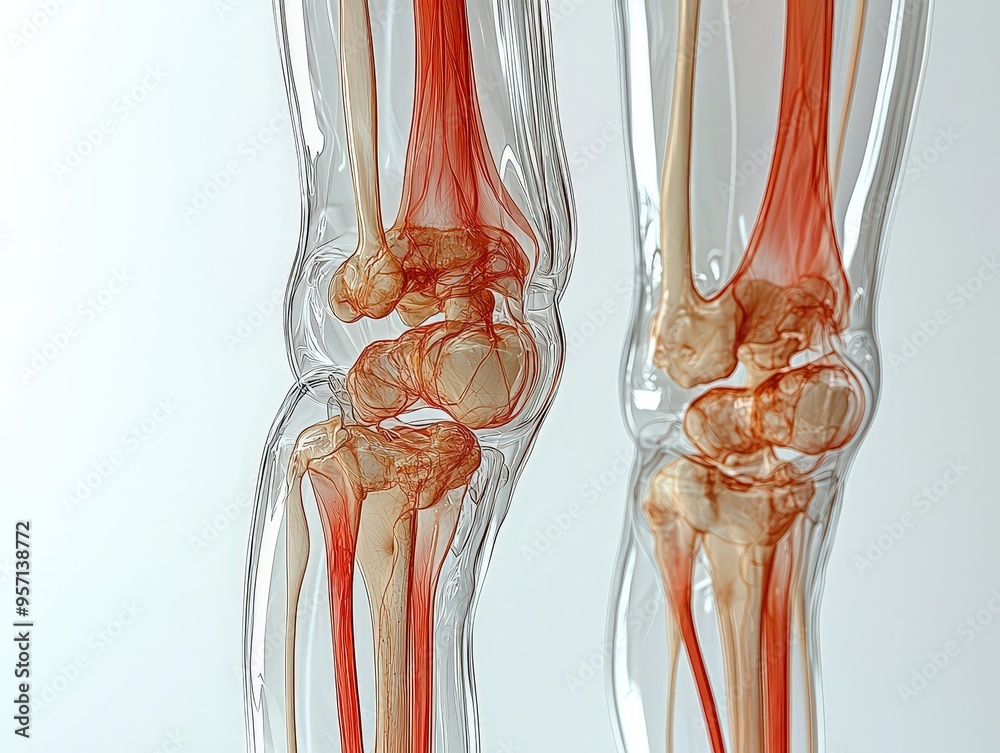 Translucent 3D model of a human skeleton, close-up focus on the knee ...