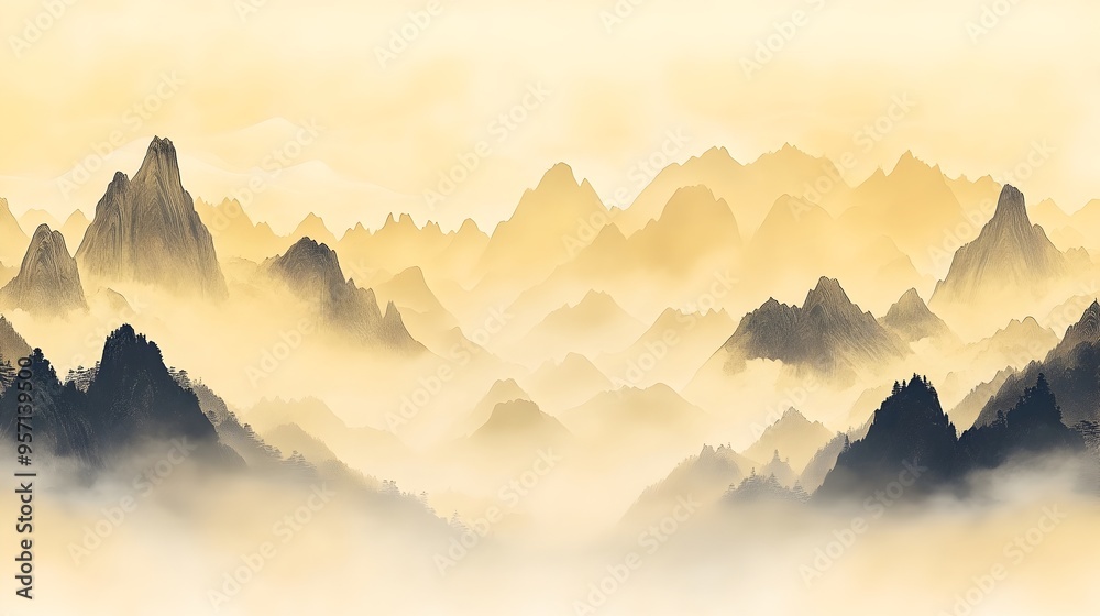 Serene Chinese Landscape With Mist Shrouded Mountain Peaks In