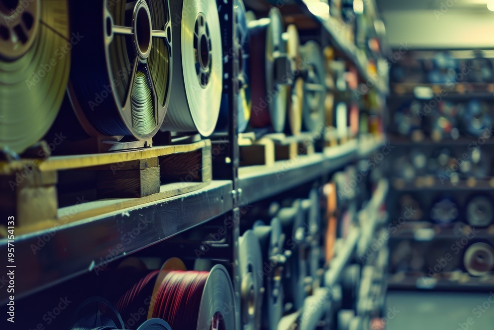 Rows of film reels neatly arranged in a dimly lit archive, capturing ...