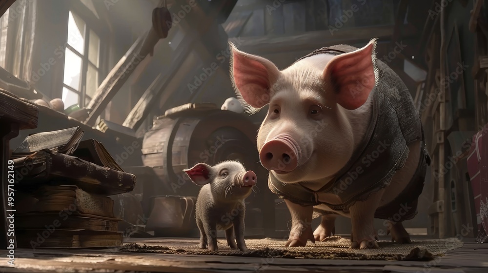 Curious pigs in a clean indoor breeding farm mother pig nurturing her ...