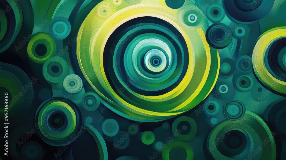 Abstract concentric circles of varying sizes, in shades of green and ...
