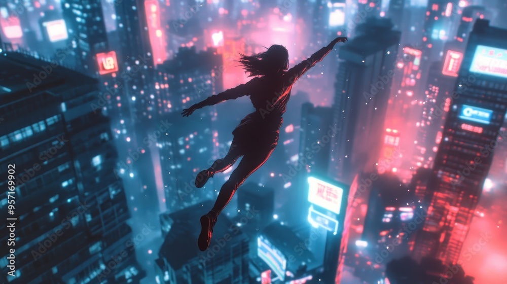Dramatic moment of a woman silhouette flying over buildings in a modern ...