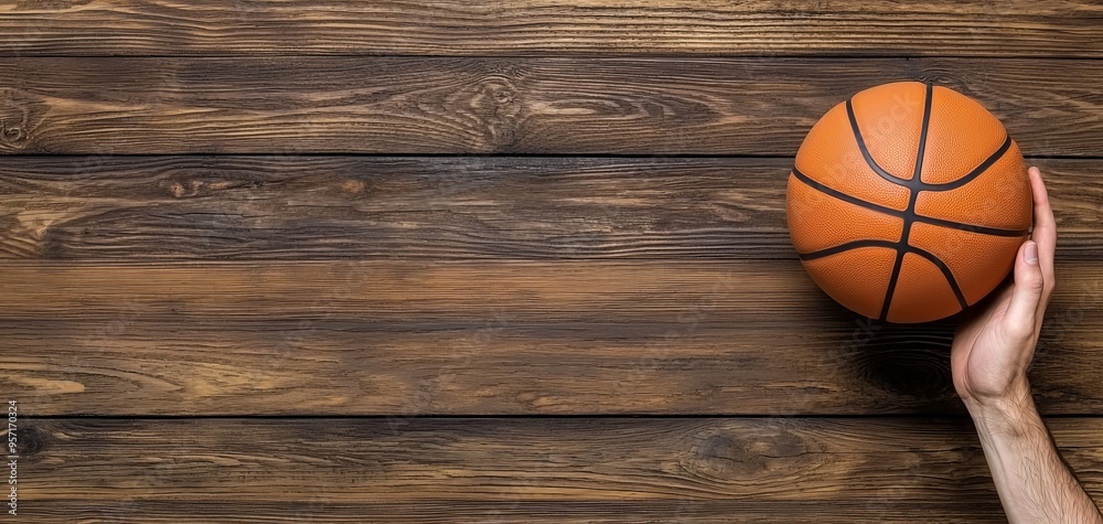 Hands grasping a basketball on a wooden floor, highlighting the moment ...