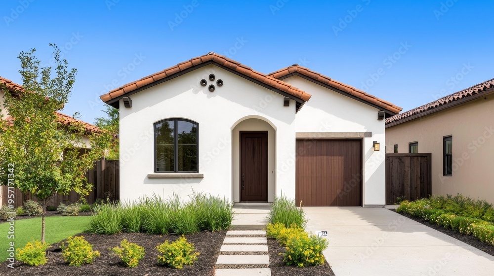 Elegant, single-story houses with clean landscaping under a clear blue ...