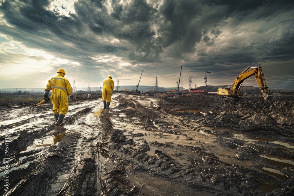 Two workers in yellow raincoats navigate a muddy construction site ...