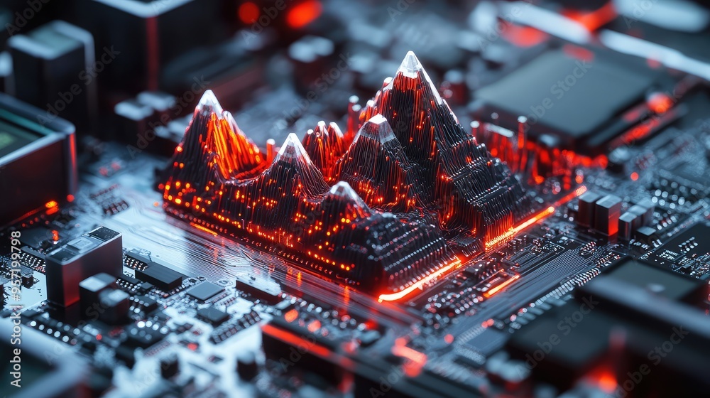 Abstract mountain peaks rising from a computer motherboard, with ...