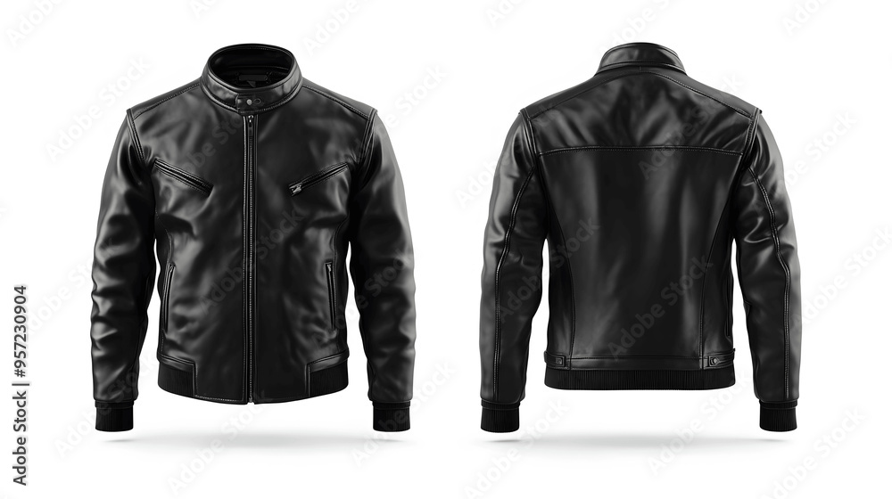 Black leather jacket mockup, front and back view, isolated on white ...