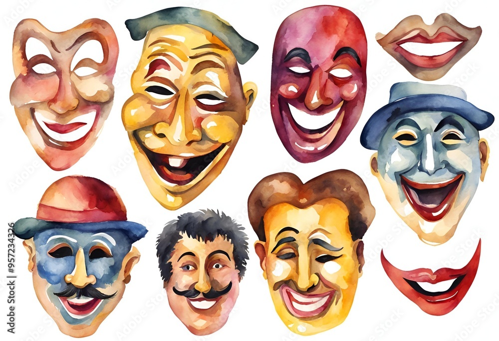Discover a unique collection of watercolor comedy masks, perfect ...