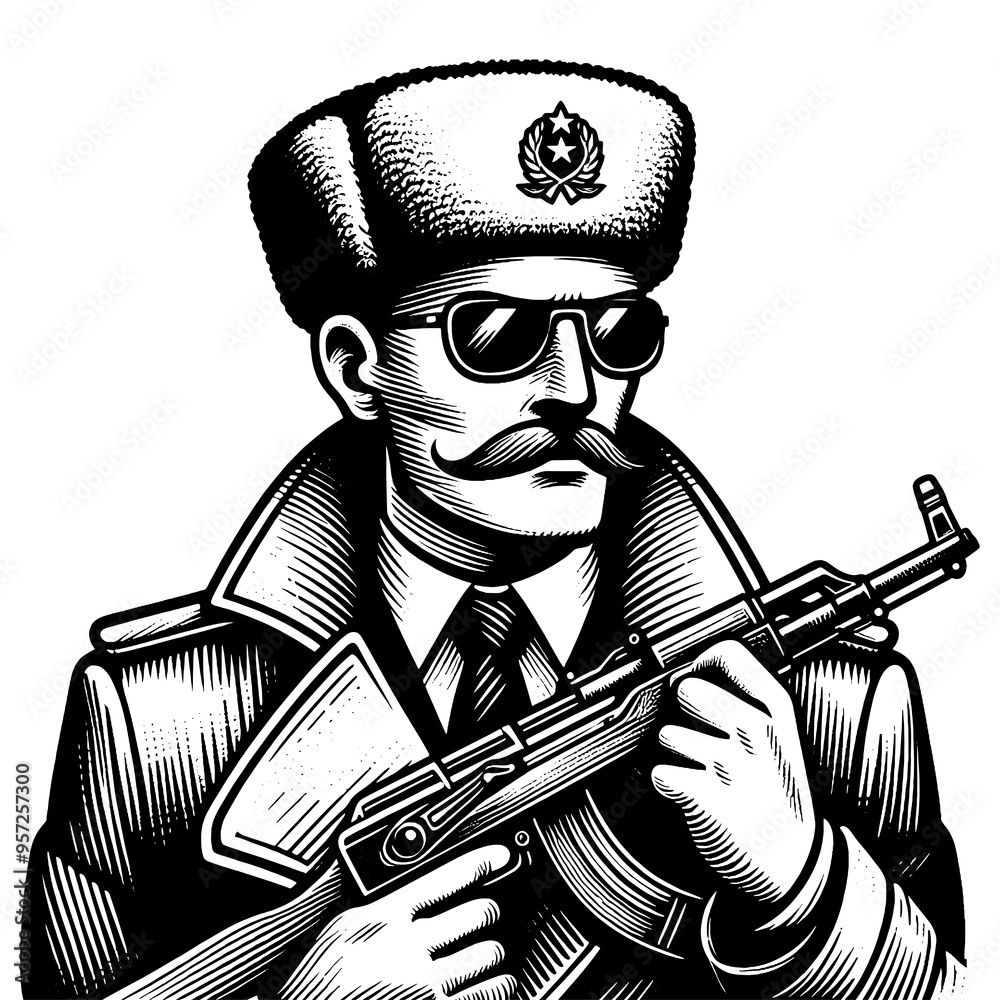Soviet spy soldier, fur hat, sunglasses, with AK rifle, military and ...