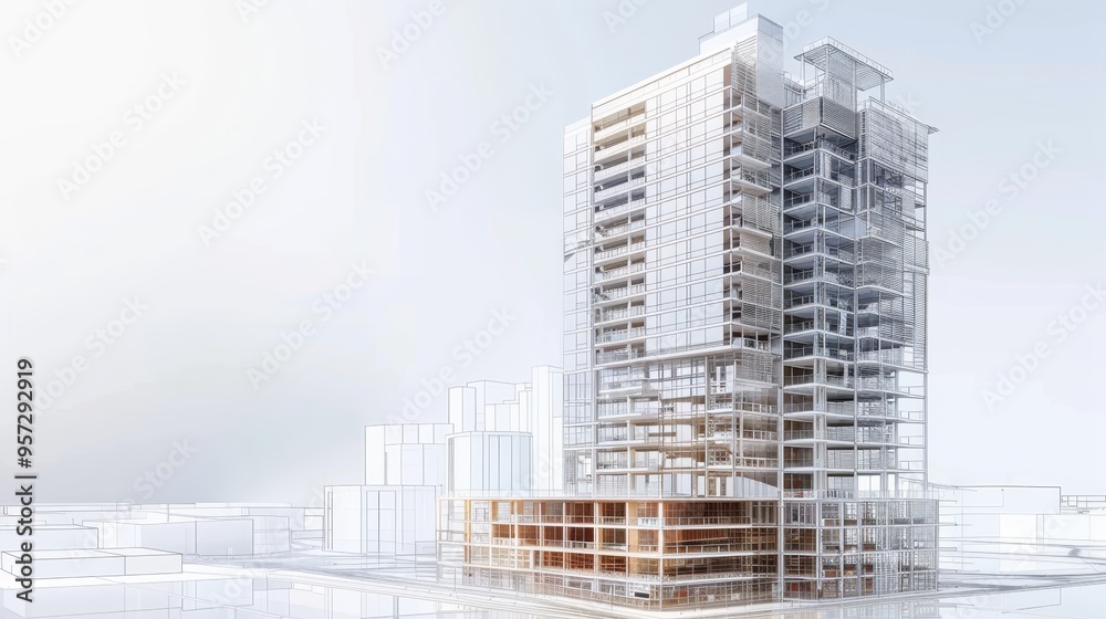 Architectural blueprint of a modern high-rise building under ...