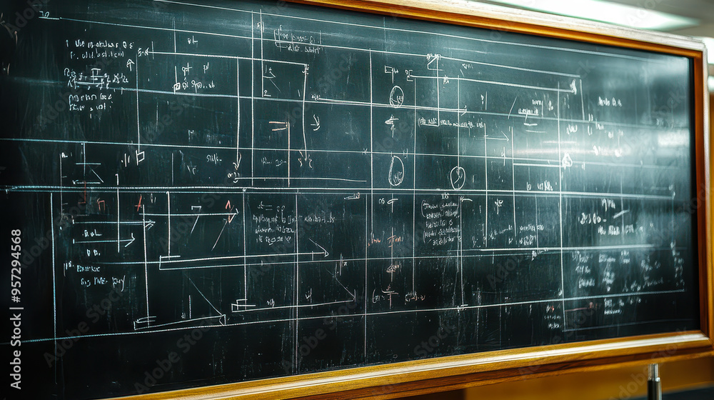 Complex Mathematical Equations and Architectural Diagrams on Blackboard ...