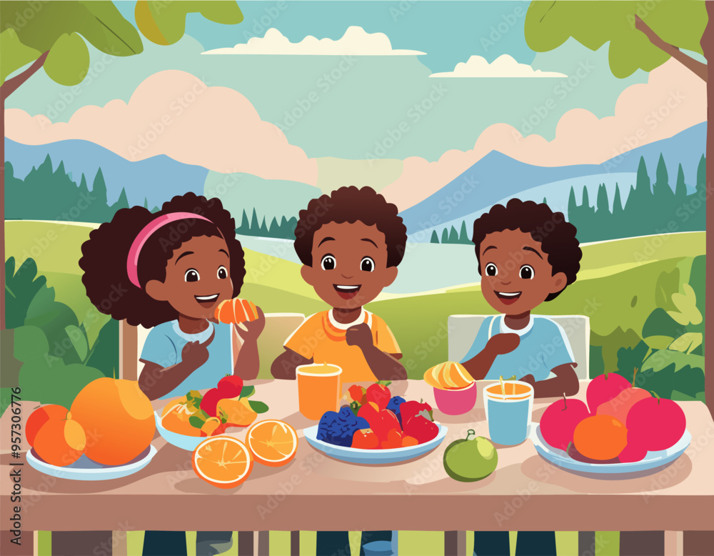 cartoon Group of little cute kids eating fruits at summer camp. Vector ...