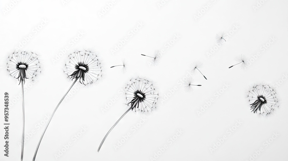 Delicate dandelion seeds dancing in the breeze, captured in a beautiful ...