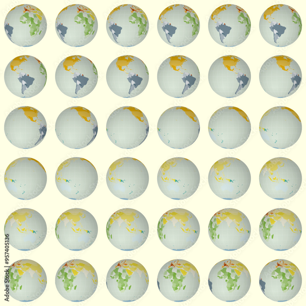Collection of earth globes. Normal sphere view. Rotation step 10 ...