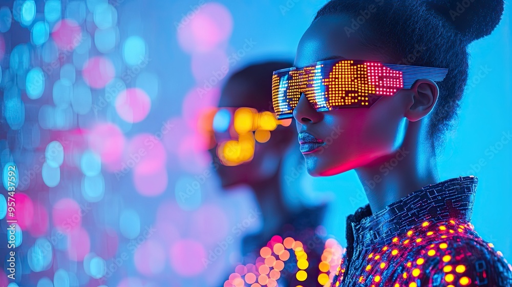 Futuristic High-Fashion Runway: Models in LED-Embedded Fabrics under a ...