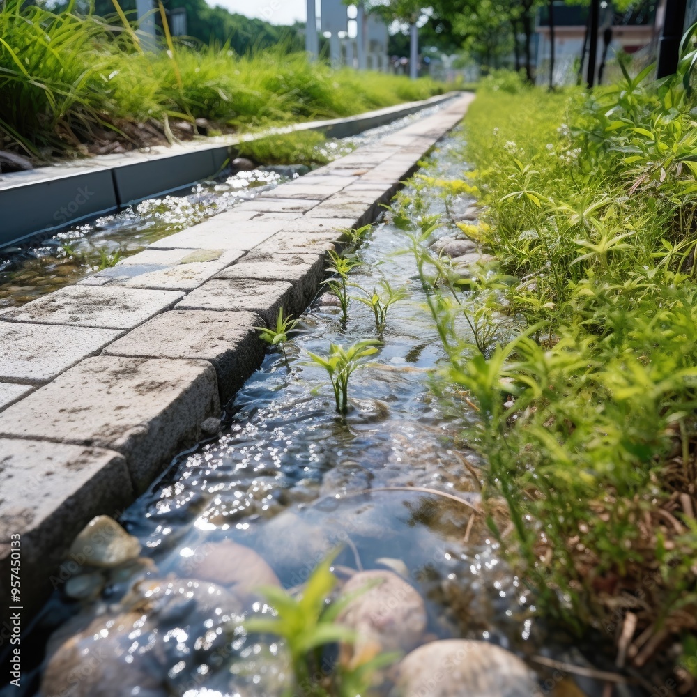 A sophisticated drainage system in an eco-park, designed for water ...