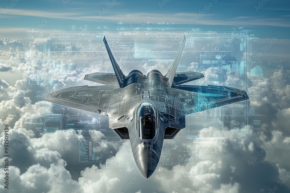 F 20 fighter jet soaring through clouds with futuristic data overlay in ...