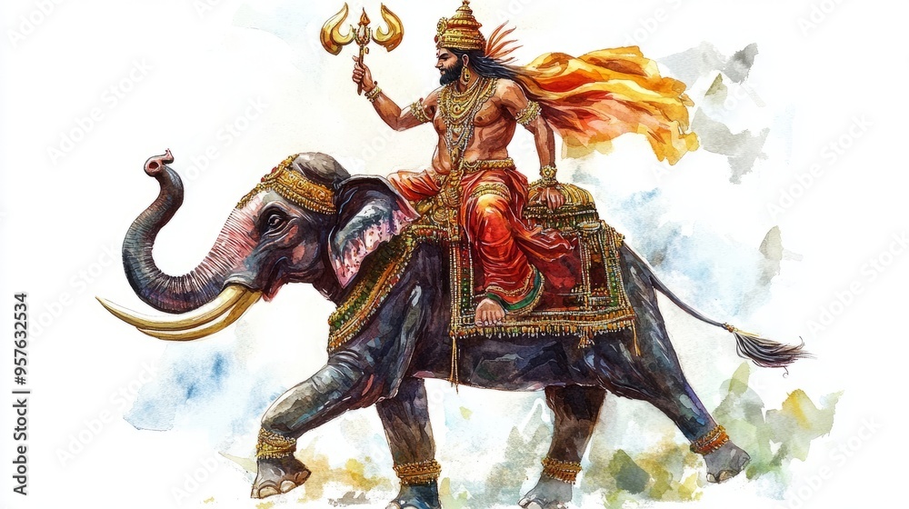 Indra Riding Airavata: Watercolor Illustration on White Background ...