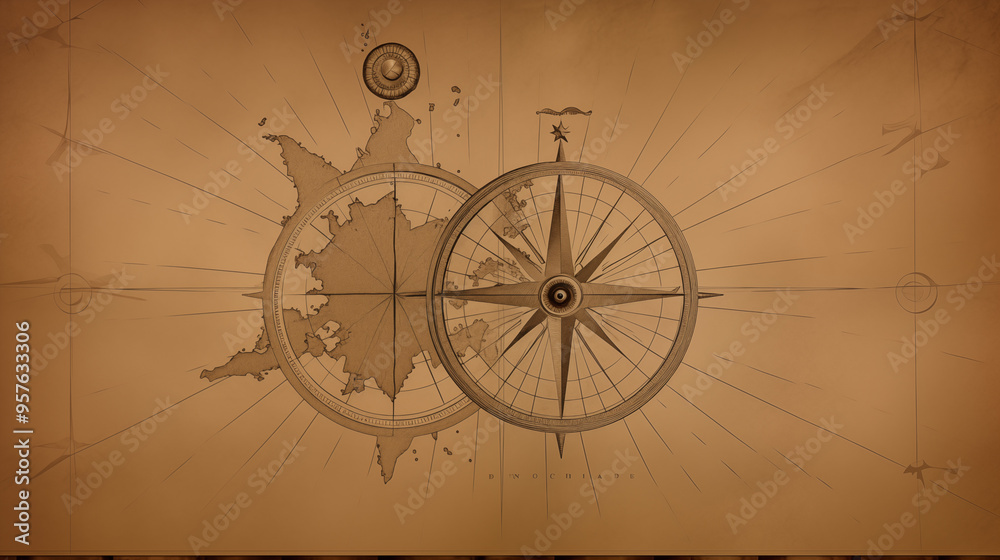 Double Compass Over an Old World Map with Nautical and Geographic ...