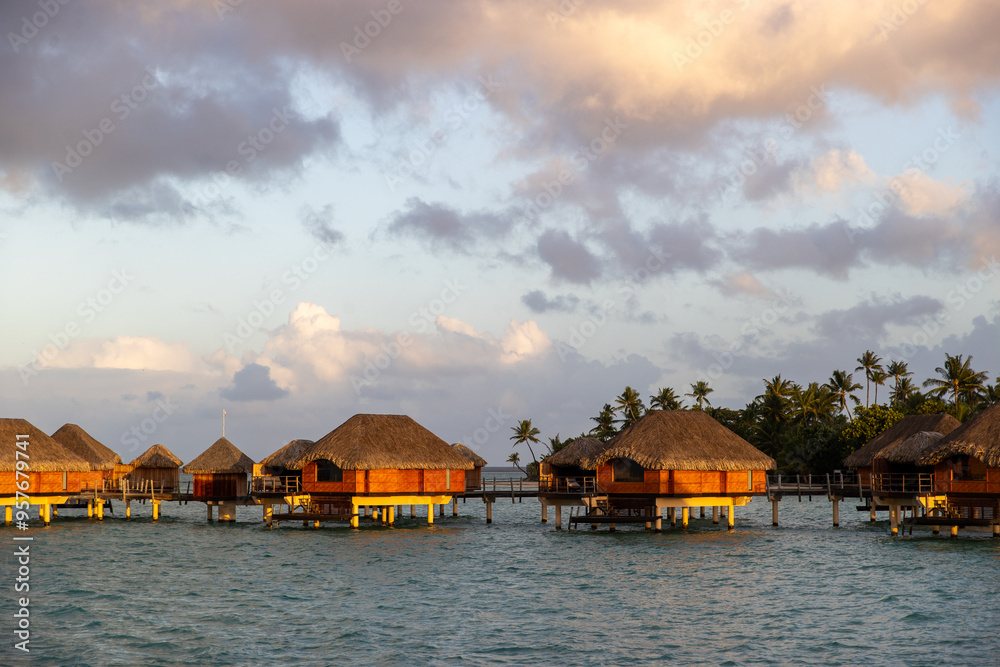 Overwater bungalow hut on a tropical island resort. The popular tourist ...
