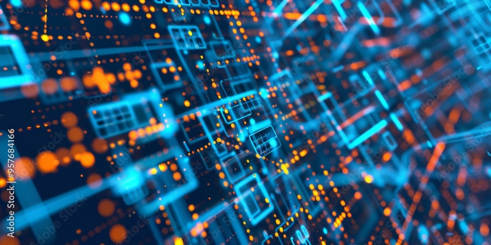 Network nodes and data flow in a digital matrix, representing ...