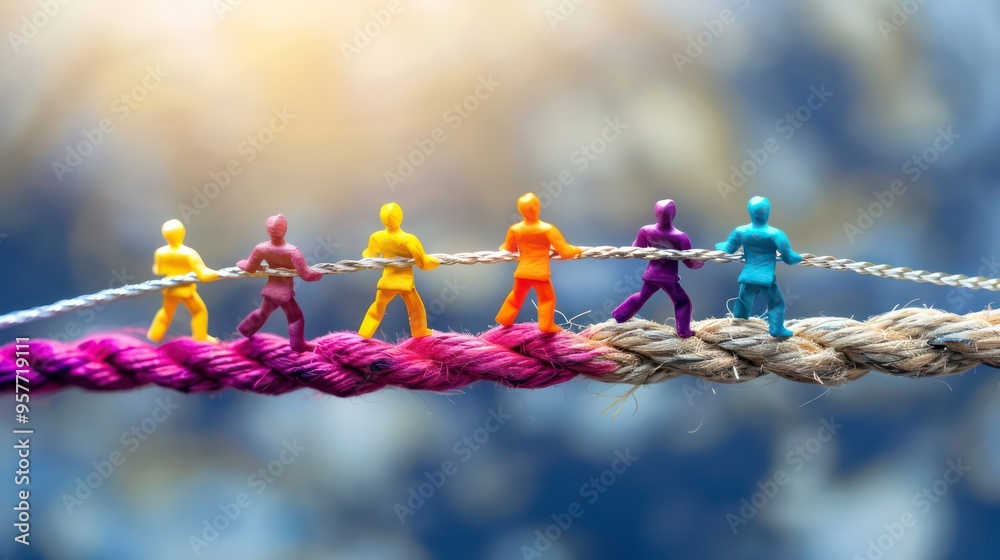 Colorful figurines pulling a rope together, symbolizing teamwork and ...