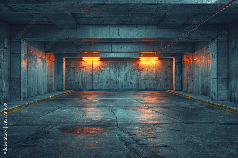 stock photo features a dimly lit, empty concrete garage with gray walls ...