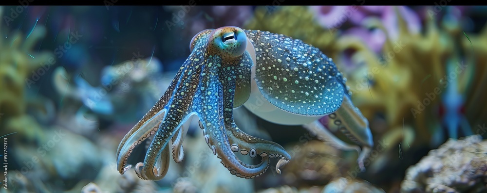 Sly cuttlefish displaying its mesmerizing color-changing abilities, 4K hyperrealistic photo ...