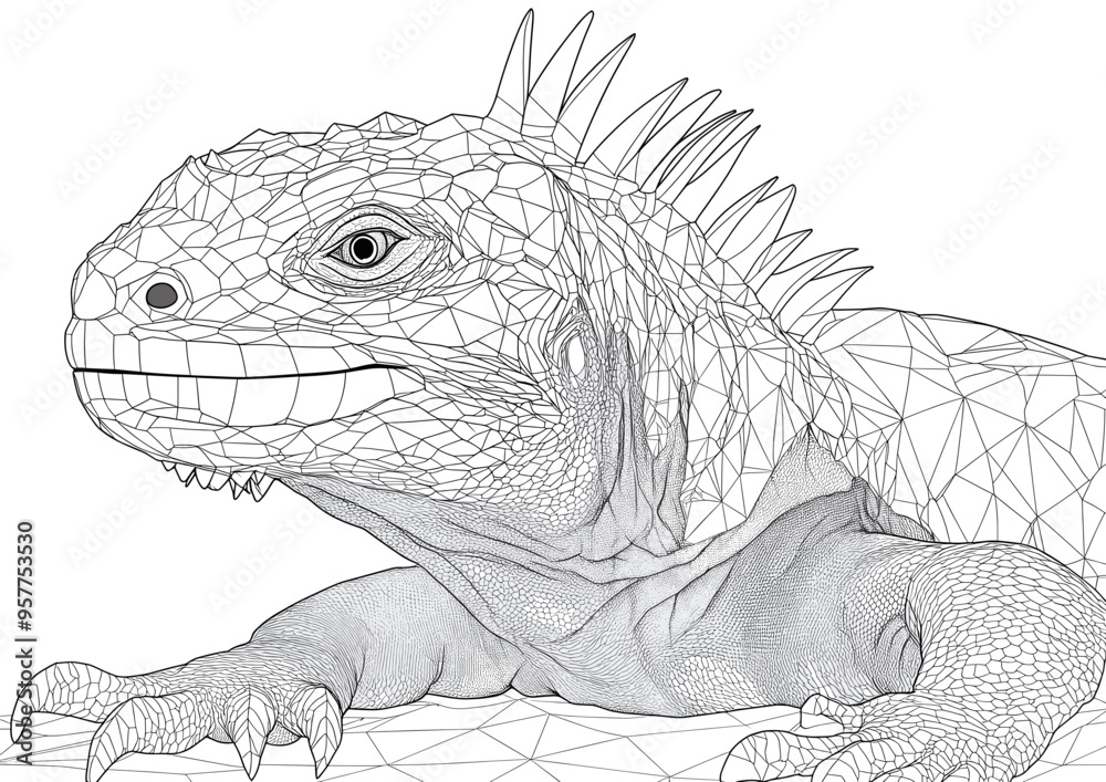Highly detailed line drawing of an iguana with geometric patterns and ...